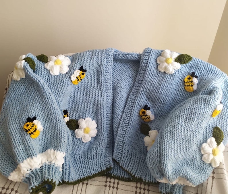 Crop Bee Knit Cardigan Blue Big Daisy Sweaterc Hunky - Etsy