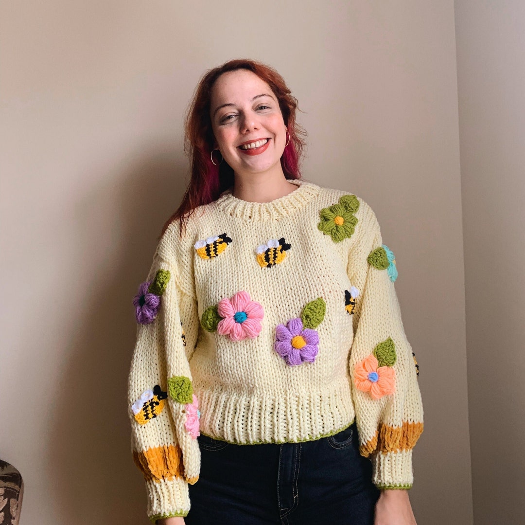 Crop Bee Knit Cardigan, Big Colorful Bee Sweater,chunky Sweater ...