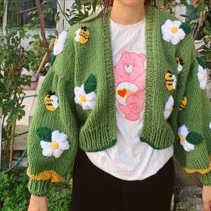 Green Crop Bee Cardigan, Oversized Sweater, Chunky Flower Cardigan ...