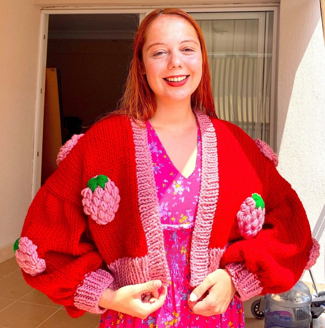 Strawberry Cardigan, Red Chunky Sweater, Crop Strawberry Cardigan ...