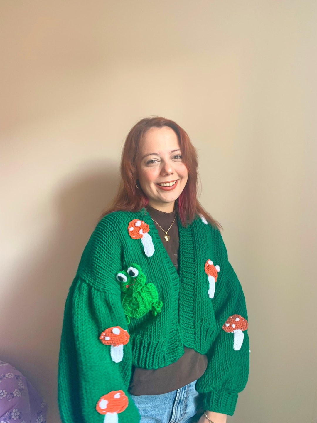 Mushroom Cardigan, Frog Cardigan,oversized Sweater, Knitted Cardigan ...