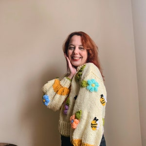 Crop Bee Knit Cardigan, Big Colorful Bee Sweater,chunky Sweater ...