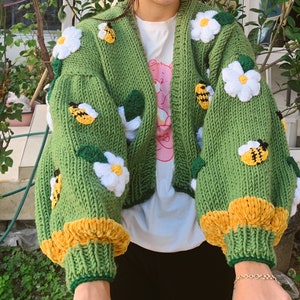 Green Crop Bee Cardigan, Oversized Sweater, Chunky Flower Cardigan ...
