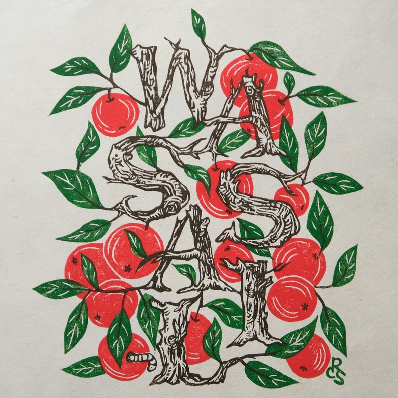 WASSAIL Apples Folklore Lino Print, Devon Cider Tradition, Botanical ...