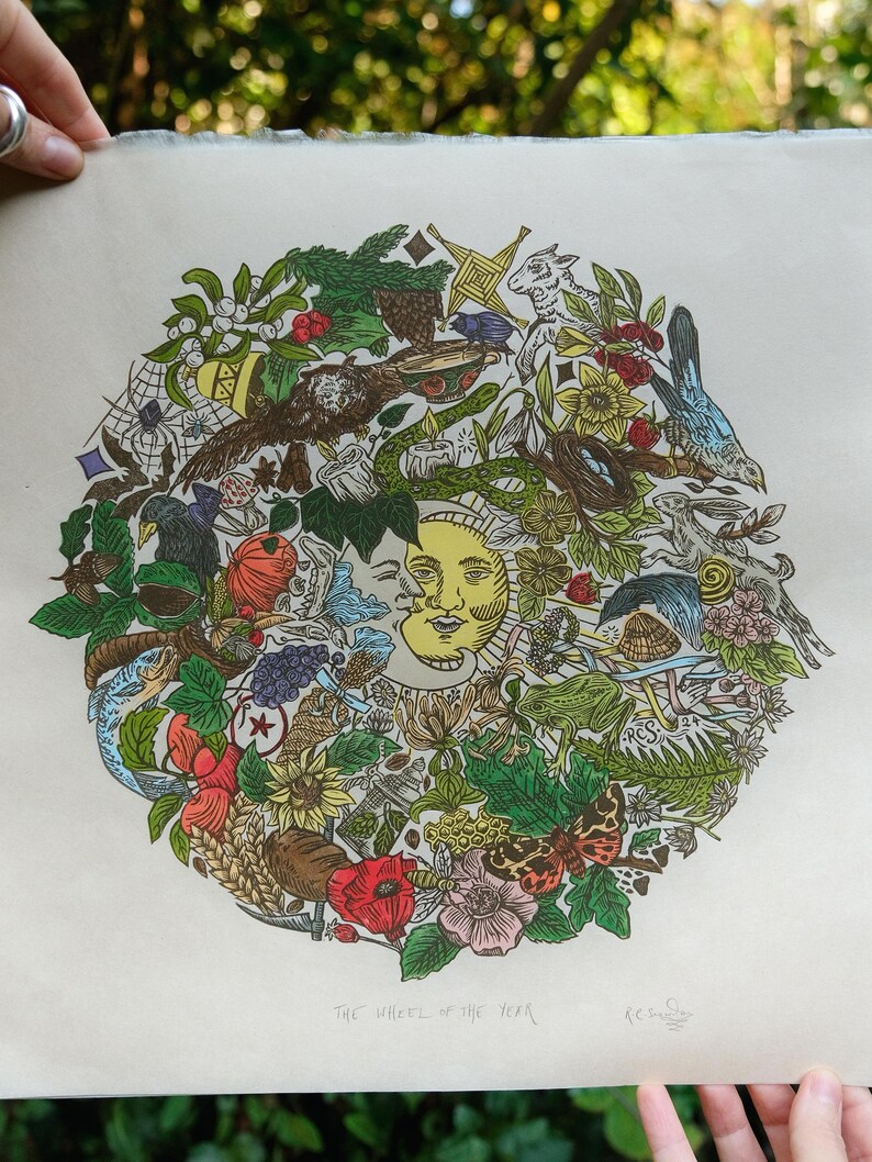 Wheel of the Year Botanical Folklore Circle Pagan Lino Print, Floral ...