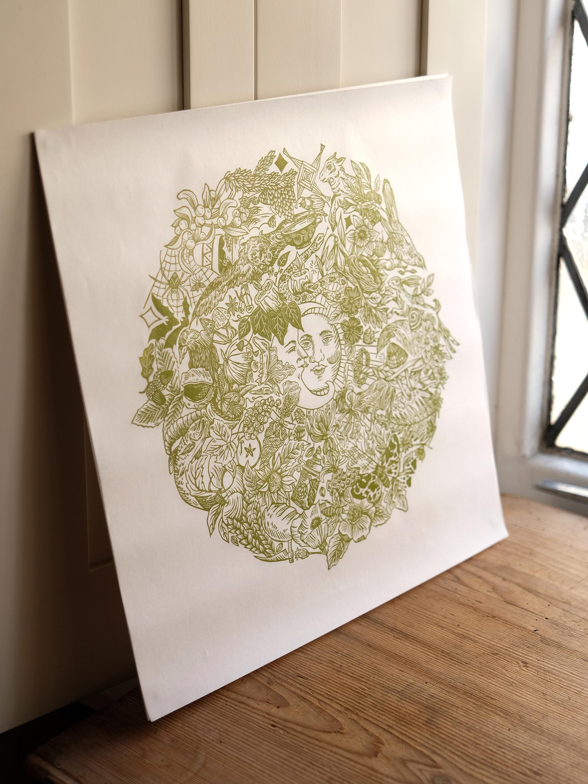 Wheel of the Year GREEN Botanical Folklore Circle Pagan Lino Print ...