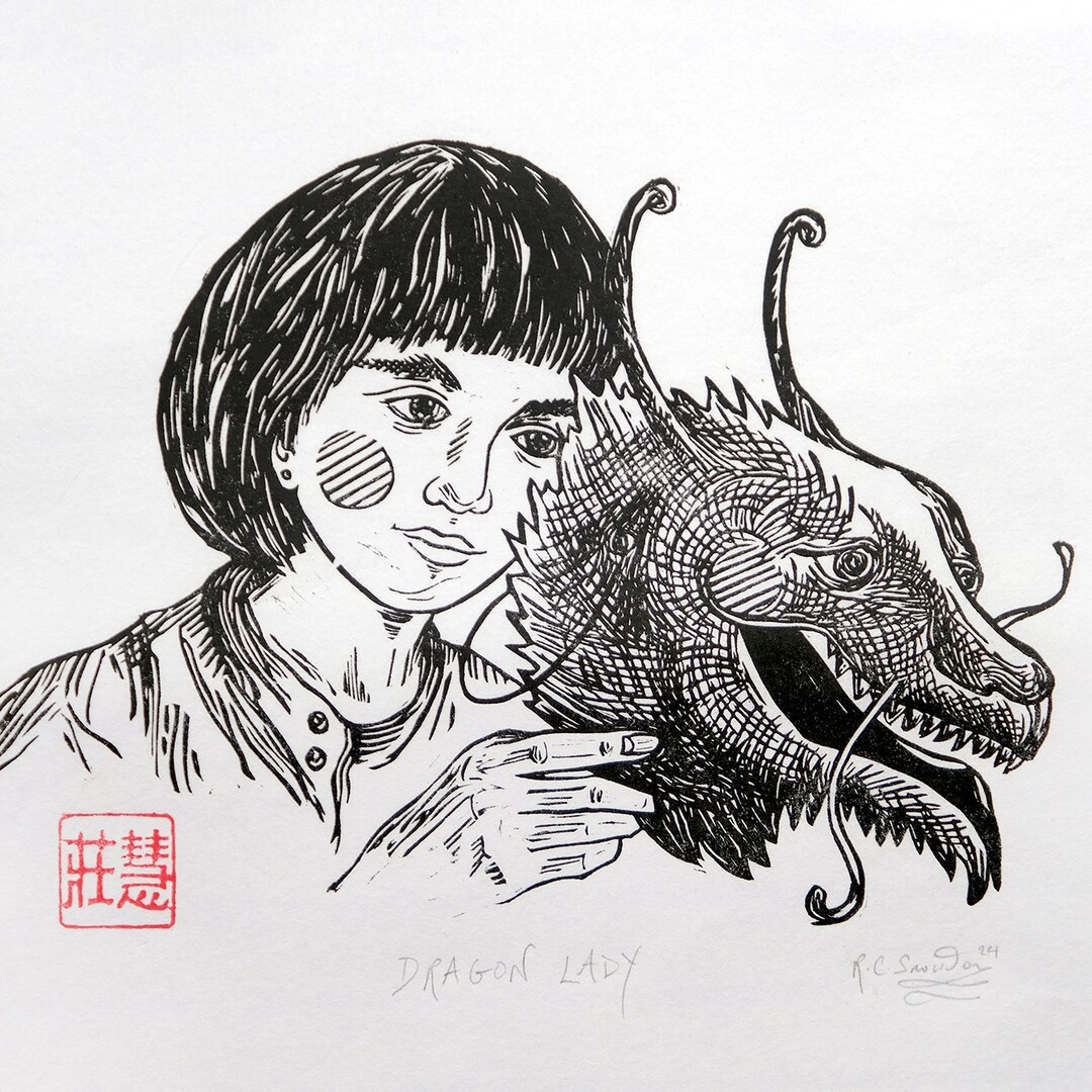 Dragon Lady, Chinese Lunar New Year Lino Relief Print, Folklore, Asian ...