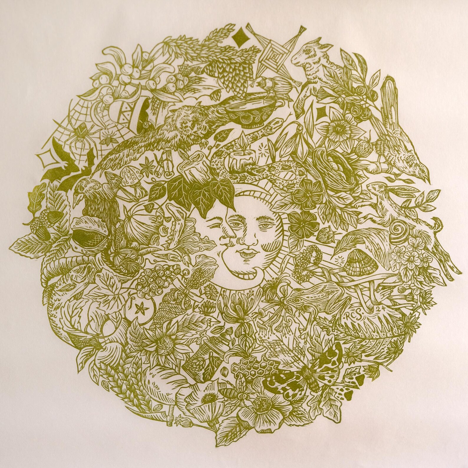 Wheel of the Year GREEN Botanical Folklore Circle Pagan Lino Print ...