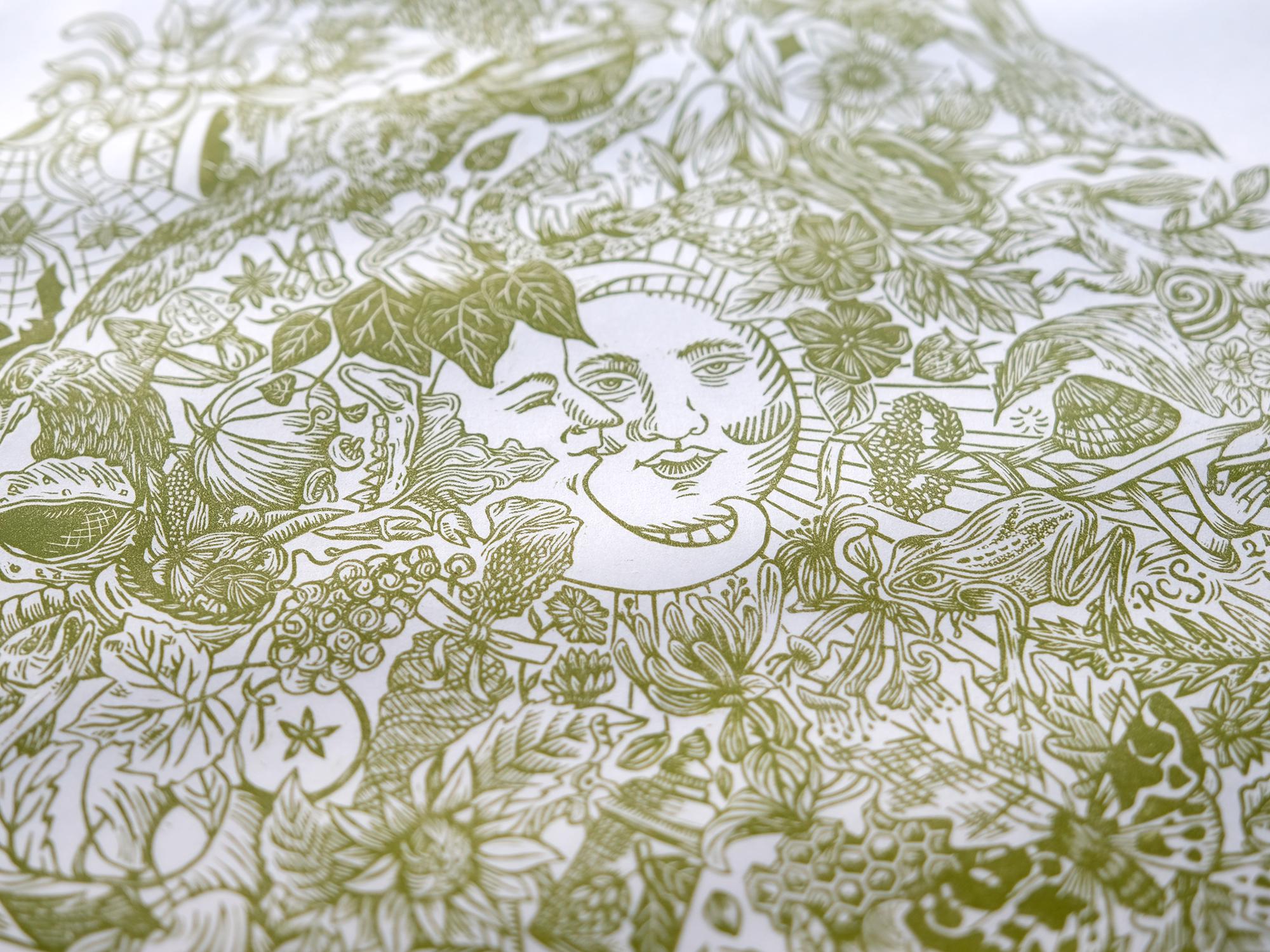 Wheel of the Year GREEN Botanical Folklore Circle Pagan Lino Print ...