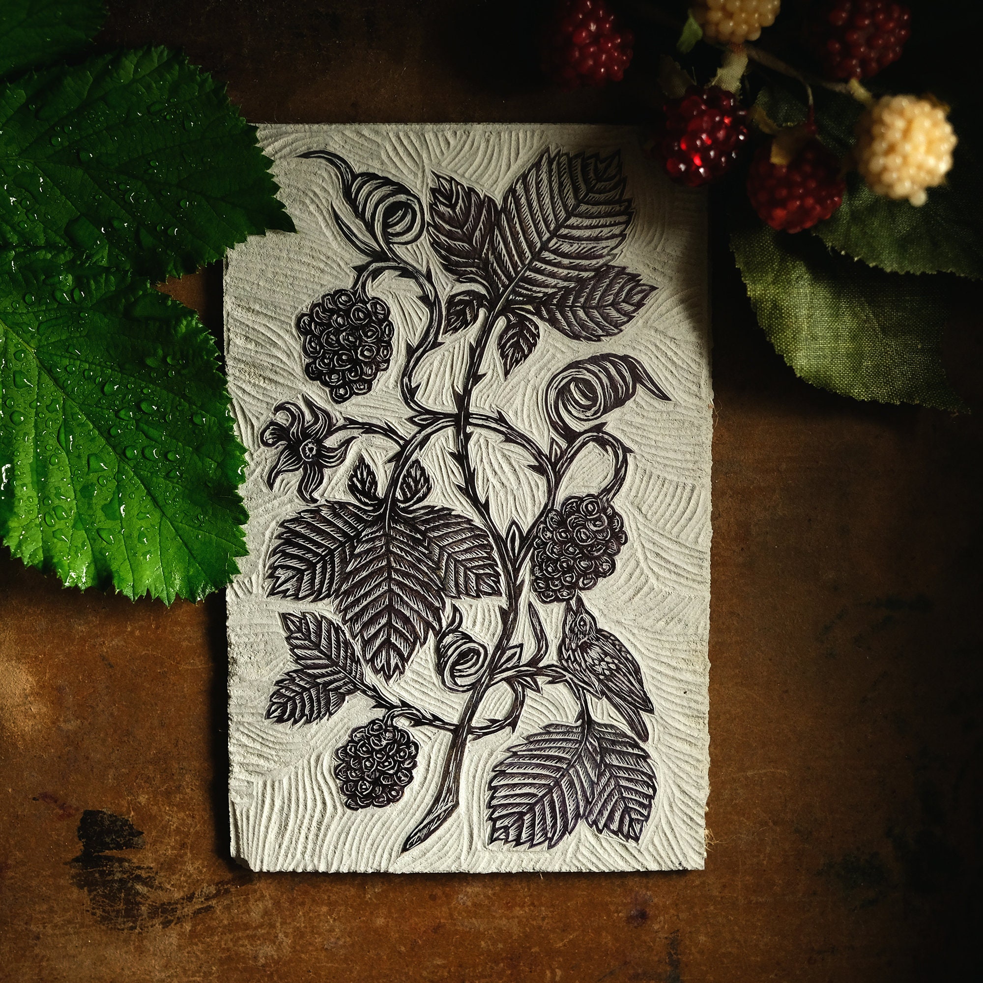 Blackberry Tangle Lino Print, Berries and Bird, Original Botanical ...