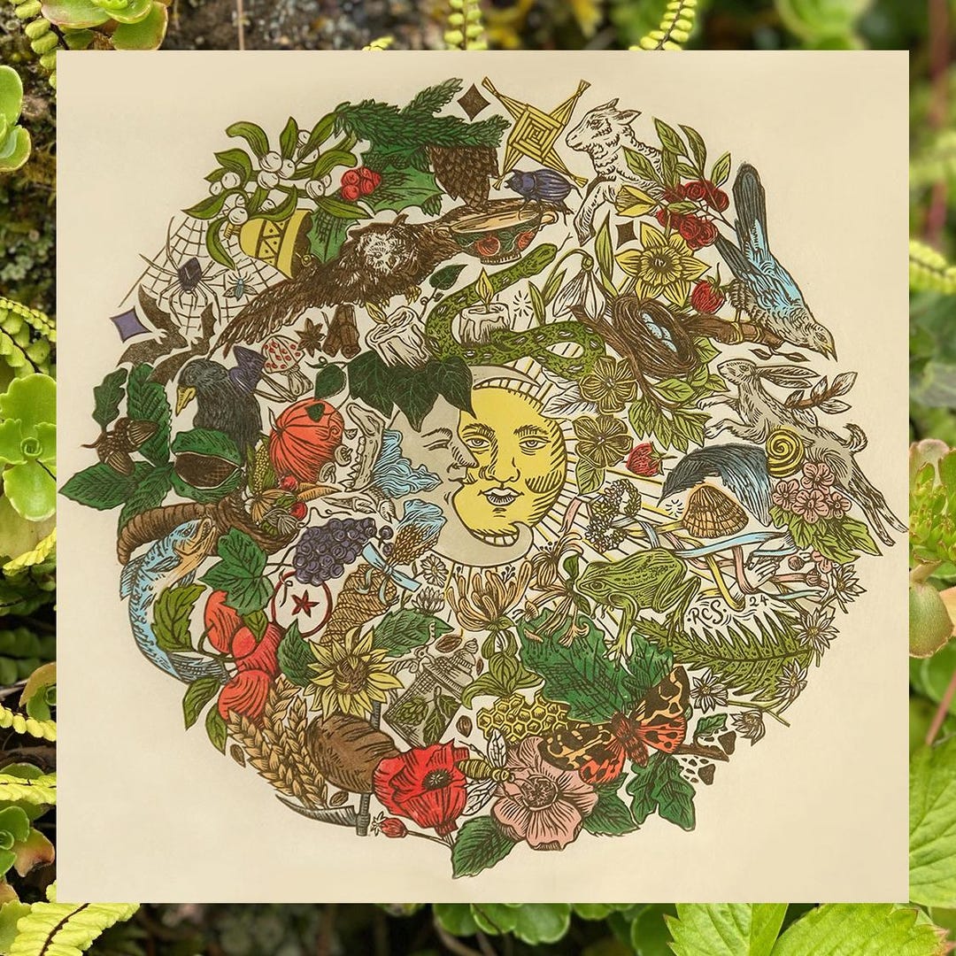 Wheel of the Year Botanical Folklore Circle Pagan Lino Print, Floral ...