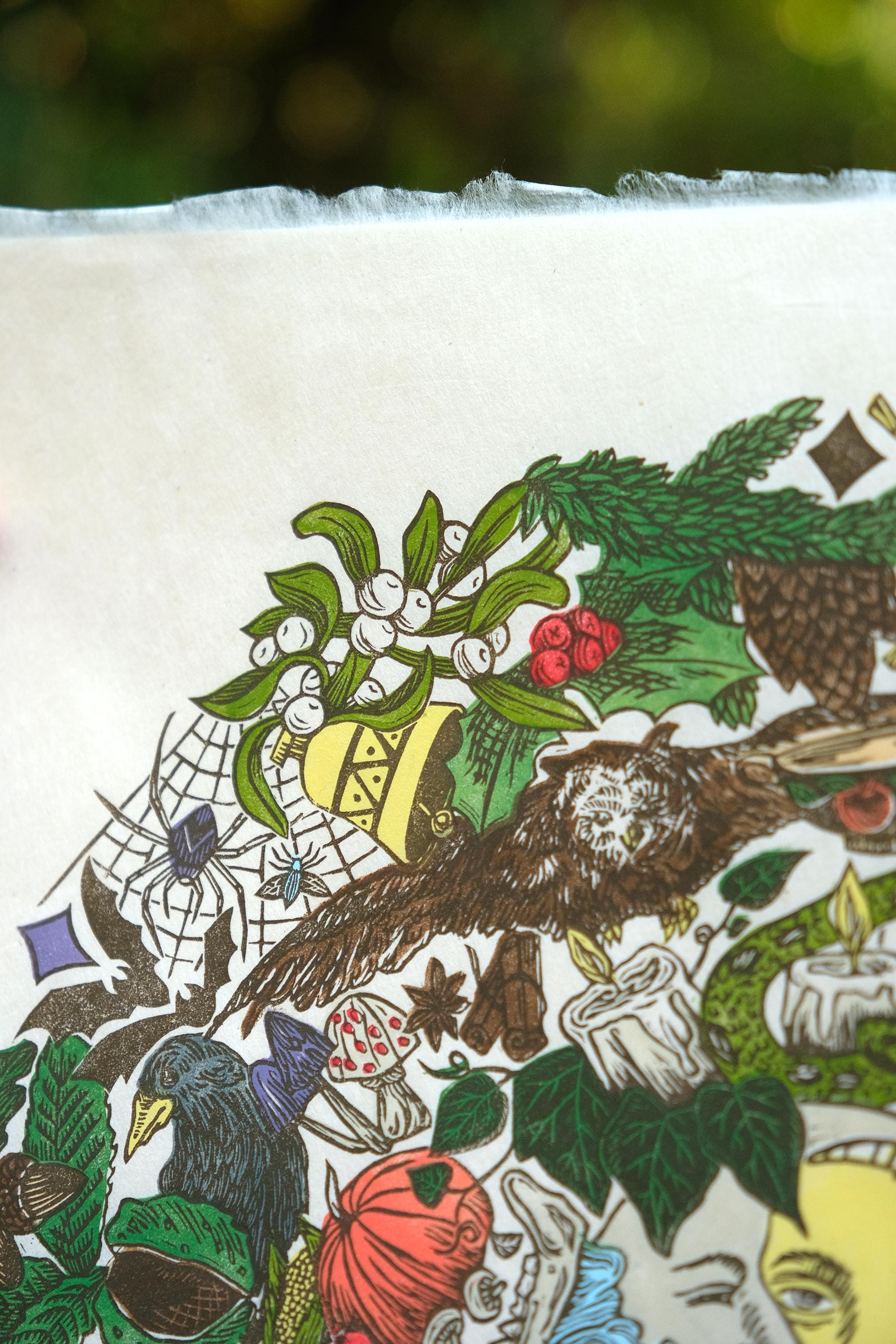 Wheel of the Year Botanical Folklore Circle Pagan Lino Print, Floral ...