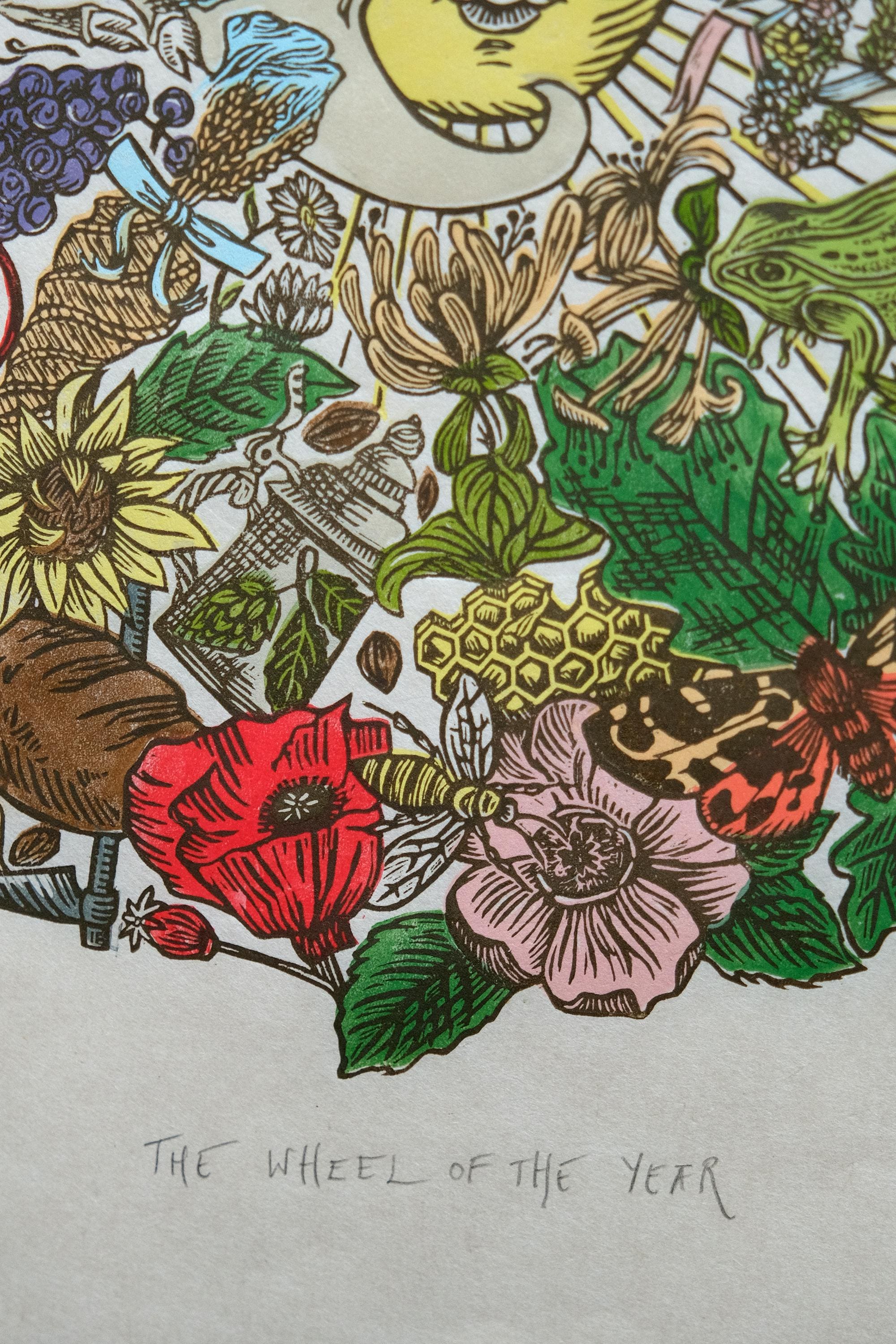Wheel of the Year Botanical Folklore Circle Pagan Lino Print, Floral ...