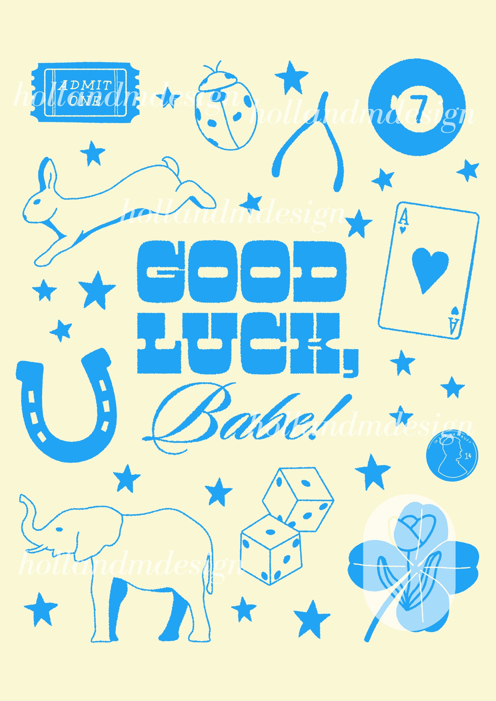 Good Luck, Babe Print, Lucky Symbols Numbers and Charms Poster, Chapell ...