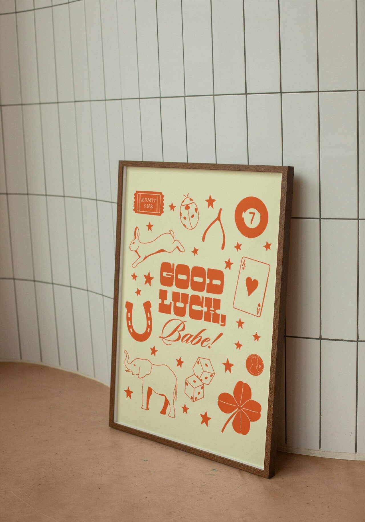 Good Luck, Babe! Print, Lucky Symbols Numbers and Charms Poster ...