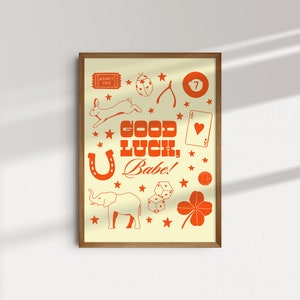 Good Luck, Babe! Print, Lucky Symbols Numbers and Charms Poster ...