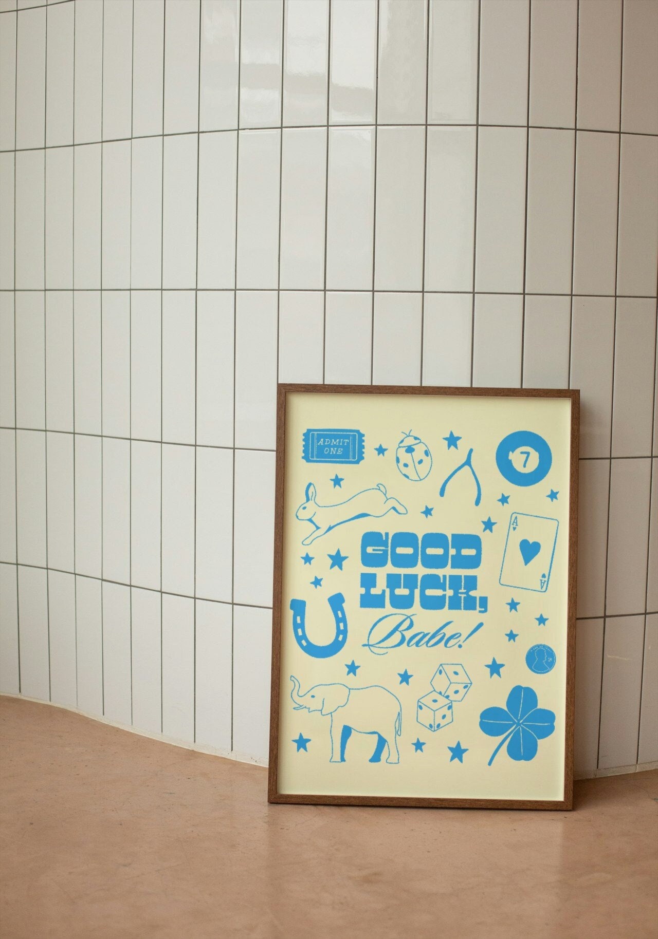 Good Luck, Babe! Print, Lucky Symbols Numbers and Charms Poster ...