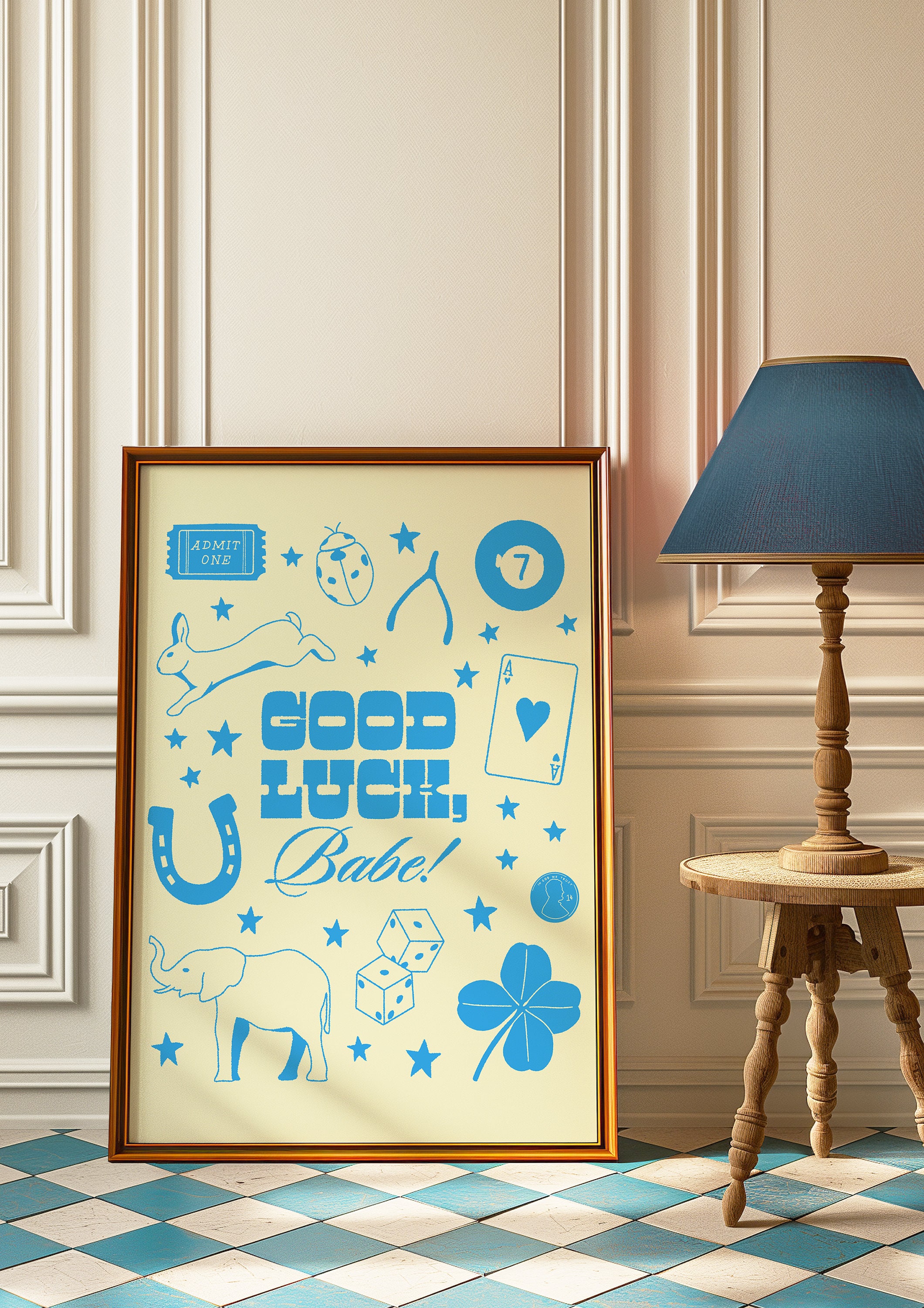 Good Luck, Babe! Print, Lucky Symbols Numbers and Charms Poster ...