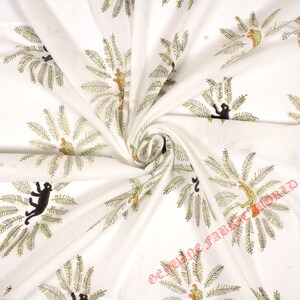 Lively Palm Tree and Animal Design on White Cotton Fabric, Charming ...
