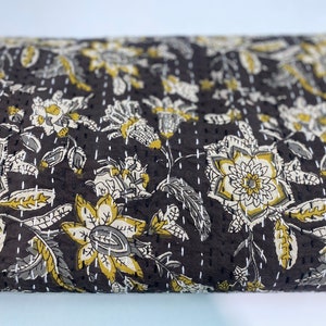 Golden Yellow Block Floral Kantha Quilt Indian Handmade Bedding ...