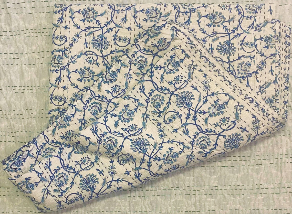 Indian Floral Print Quilt Hand Stitched Pure Cotton Quilt | Etsy