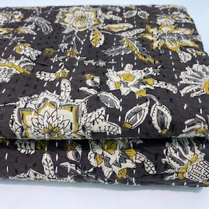 Golden Yellow Block Floral Kantha Quilt Indian Handmade Bedding ...