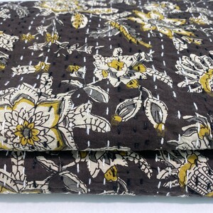 Golden Yellow Block Floral Kantha Quilt Indian Handmade Bedding ...