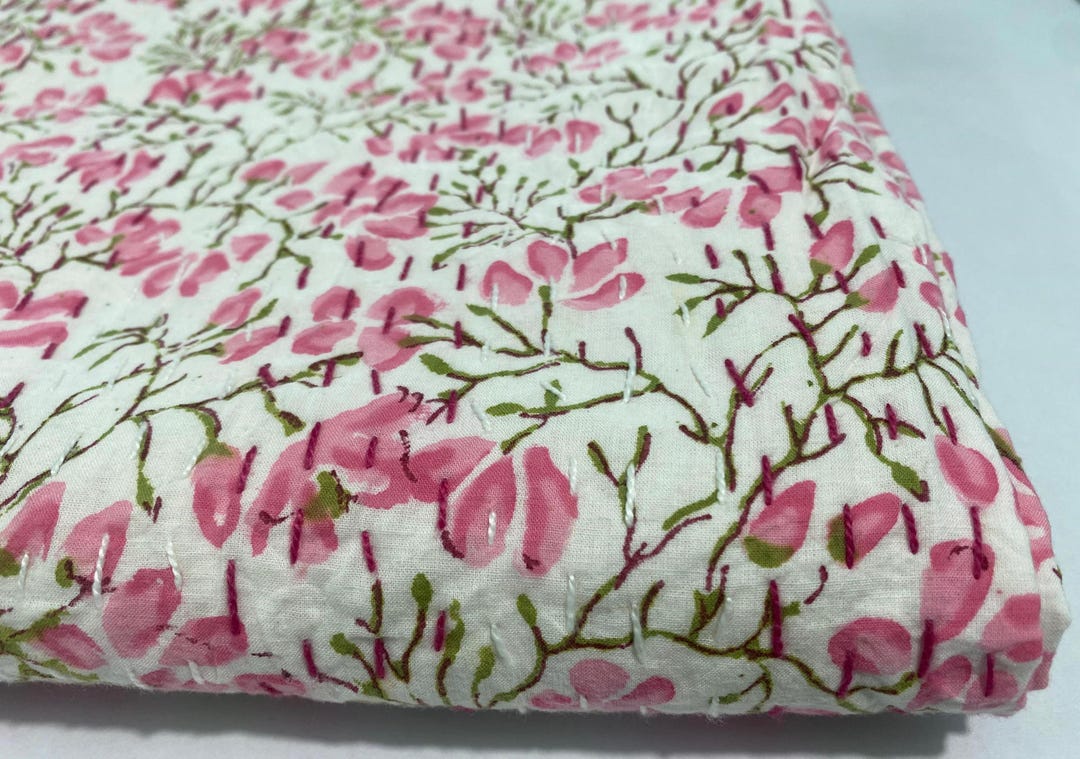 Pink Floral Kantha Quilt, Handmade Cotton Block Print Bedspread, Indian ...
