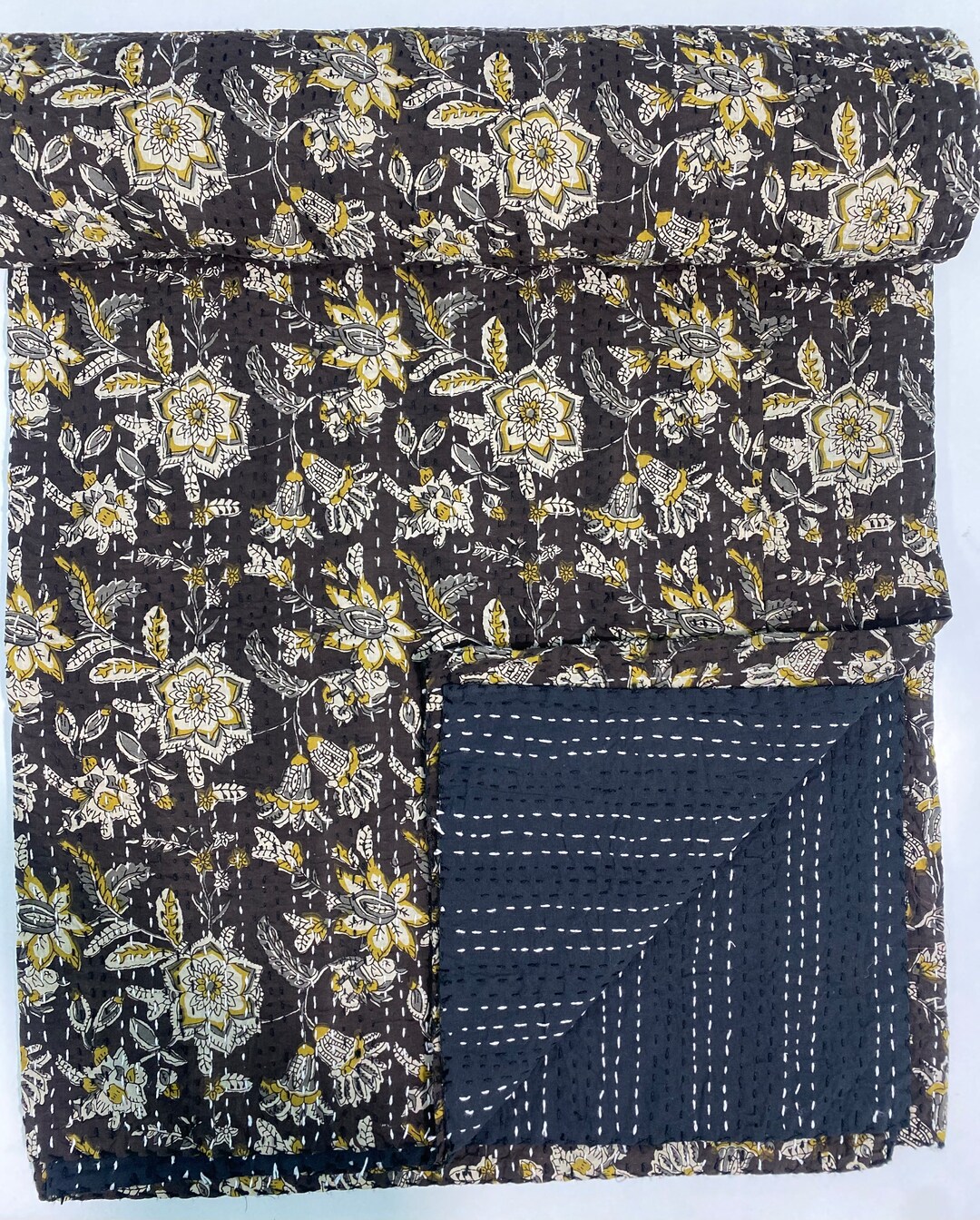 Golden Yellow Block Floral Kantha Quilt Indian Handmade Bedding ...