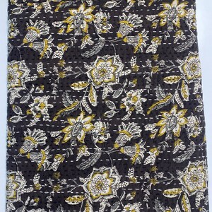 Golden Yellow Block Floral Kantha Quilt Indian Handmade Bedding ...
