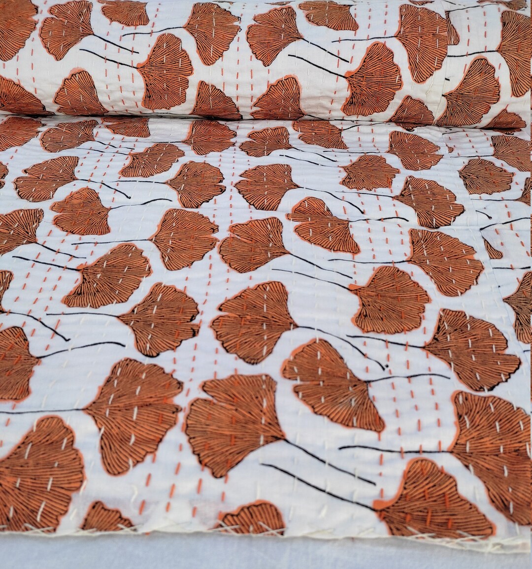 Ginkgo Leaf Kantha Quilt – Handmade Cotton Bedspread With Terracotta ...