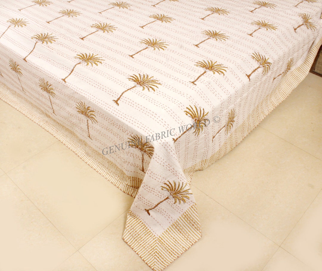 Artisan Kantha Quilt Palm Tree Embroidery in Mustard and Brown, Boho ...