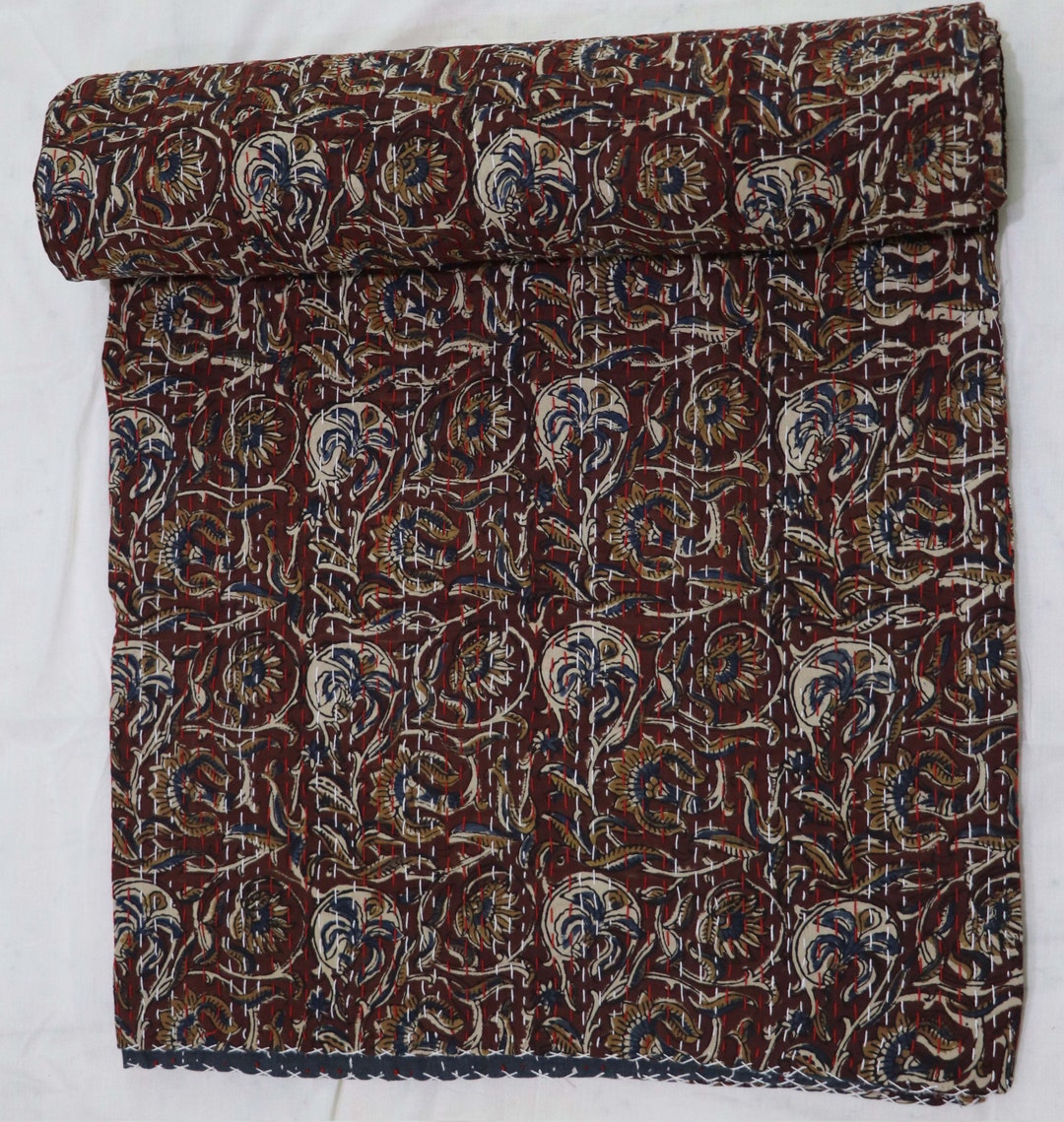 Maroon Floral Kantha Quilt Handmade Kantha Quilt | Maroon Floral Block ...