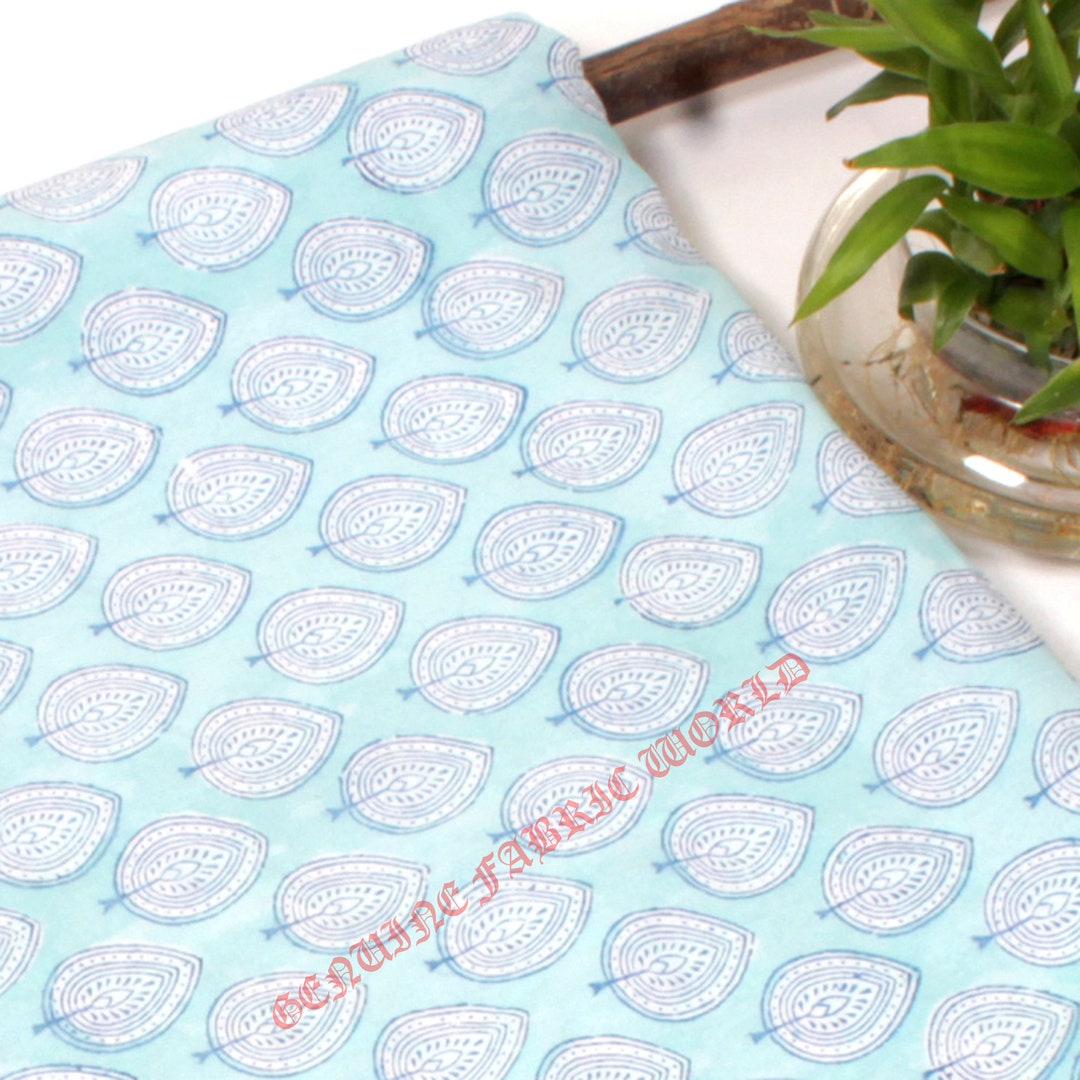 Pastel Blue Block Print Fabric With White Leaf Pattern – Soft Cotton ...