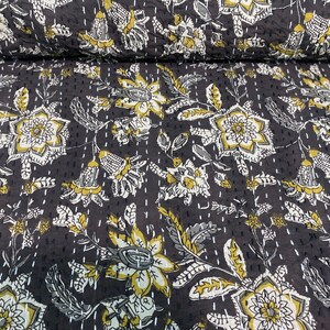 Golden Yellow Block Floral Kantha Quilt Indian Handmade Bedding ...