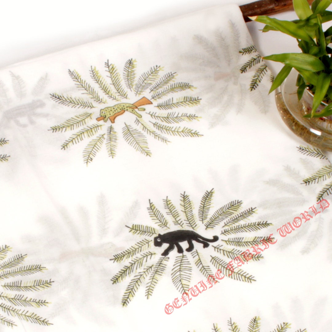 Lively Palm Tree and Animal Design on White Cotton Fabric, Charming ...