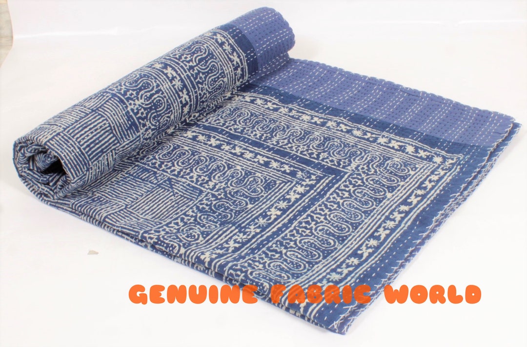 Indigo Blue Kantha Bedspread, Hand Stitched Cotton Coverlet, Artisan ...