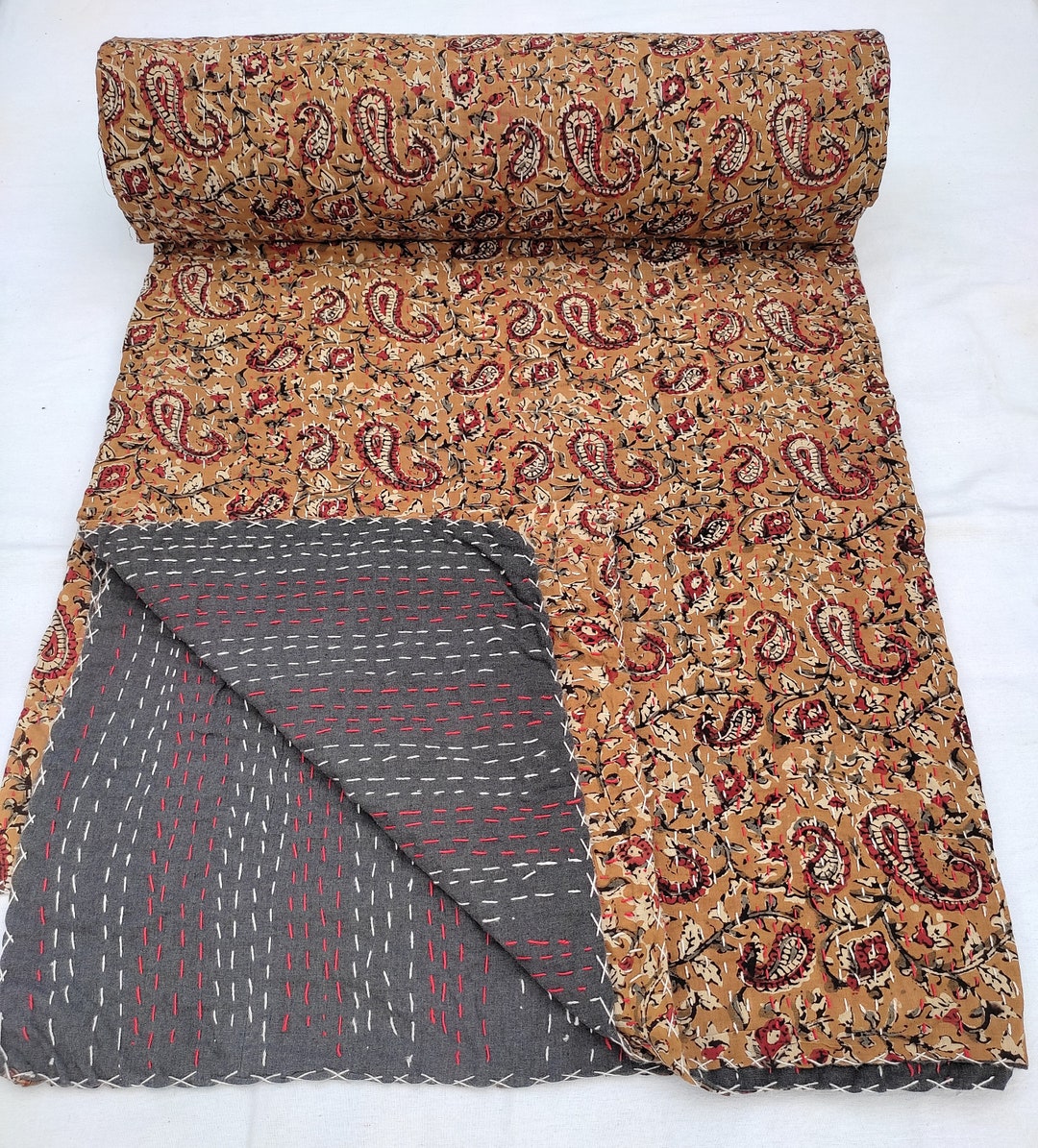 Indian Block Print Bedspread Full Size Quilted Kantha Quilt Queen Hand ...