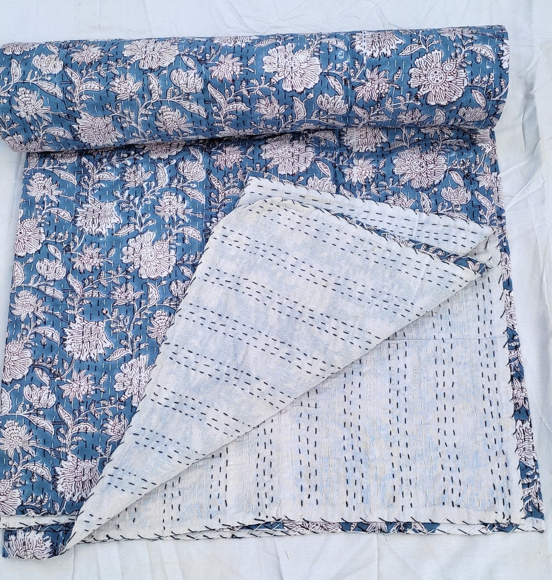 Handmade Block Print Kantha Quilt - Blue Floral Pattern on White ...