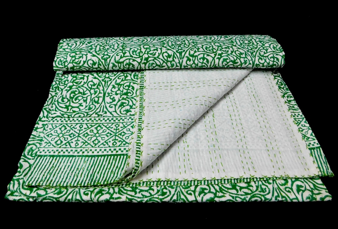 Green Mughal Handmade Indian Block Print Kantha Quilt Floral Cotton