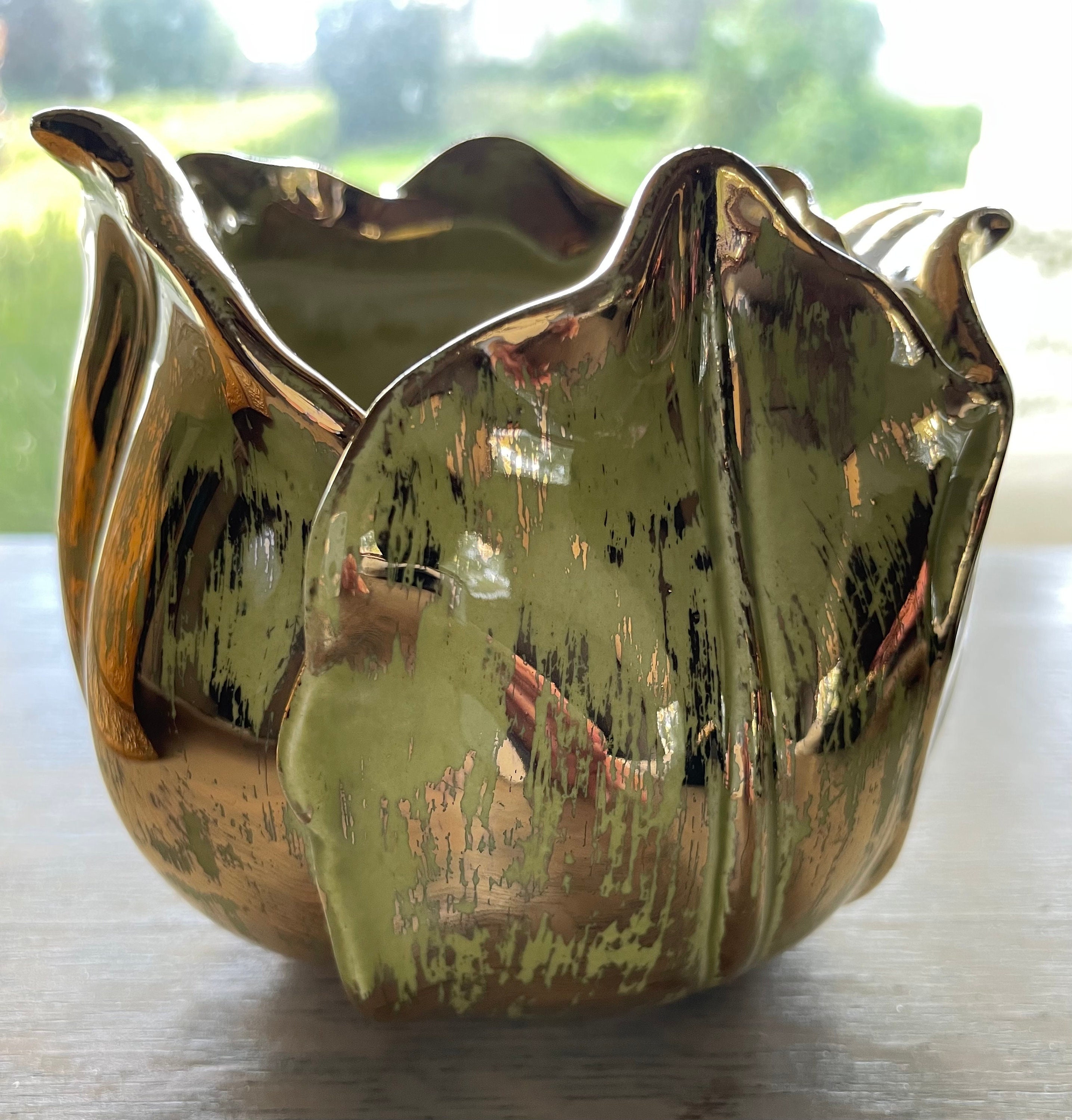 VINTAGE STANGL VASE, Cabbage Shaped, Green and Gold - Etsy