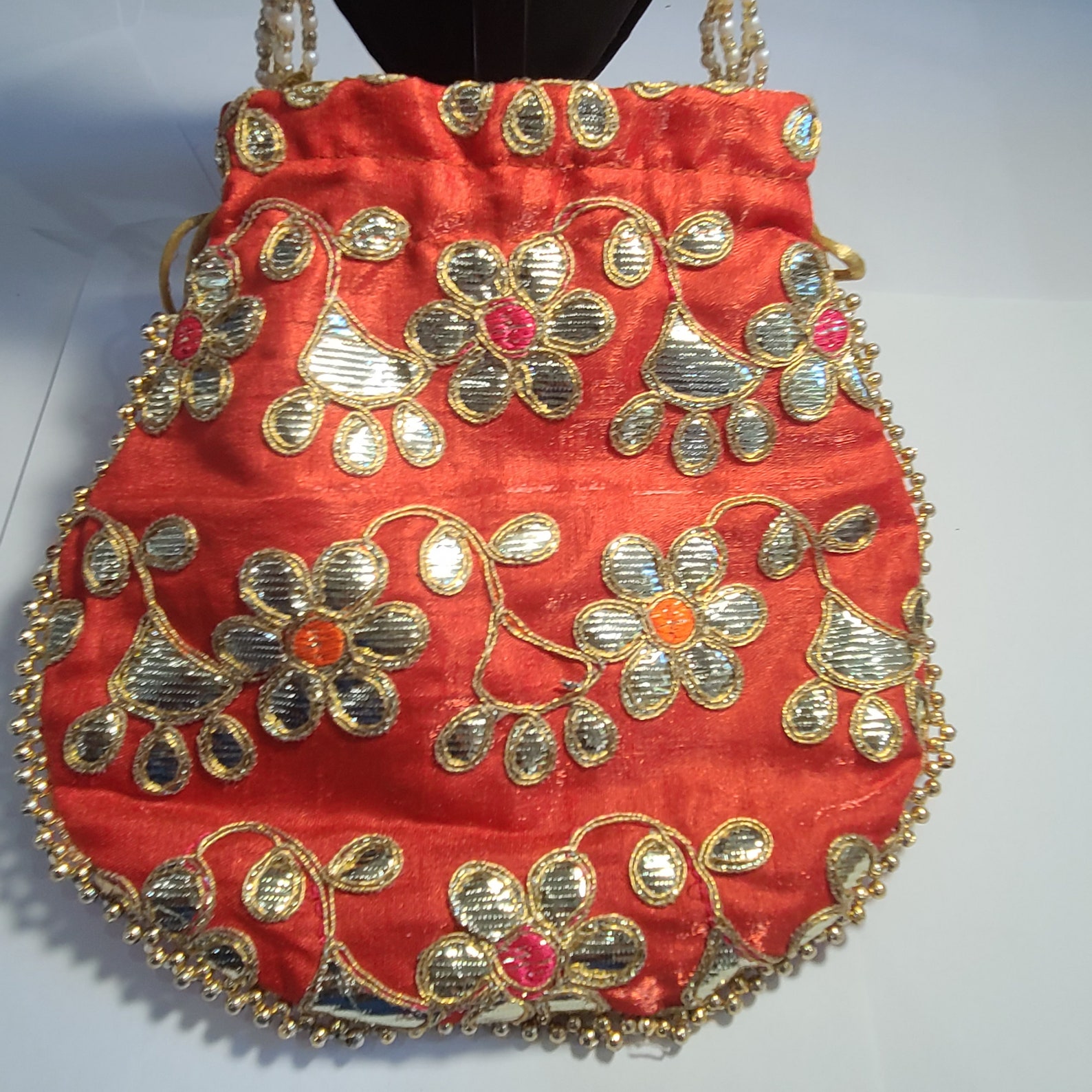 Red Silk Pouch (8 In) With Golden Embroidery & Beads Around Edges W/ 7 ...