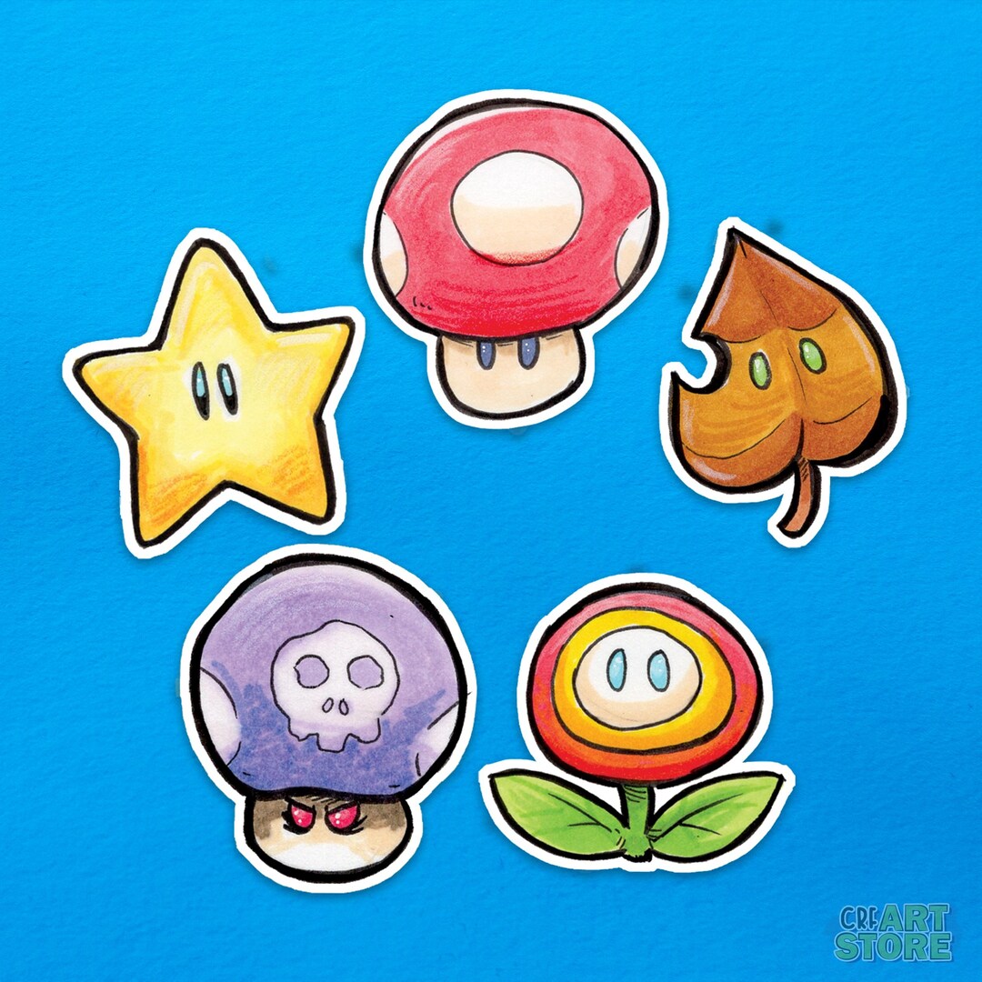 Super Mario: Power up Vinyl Sticker Set | Fire Flower, Super Star ...