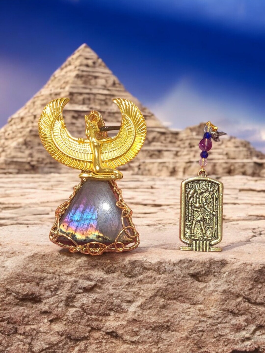 Goddess Isis Necklace Made With a Multicolored Labradorite, Gold ...