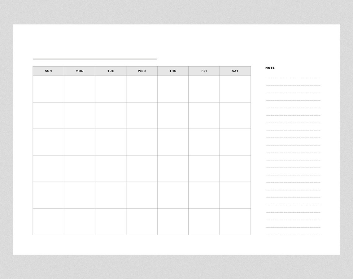 Blank Monthly Calendar Printable | Horizontal Calendar | Minimalist ...
