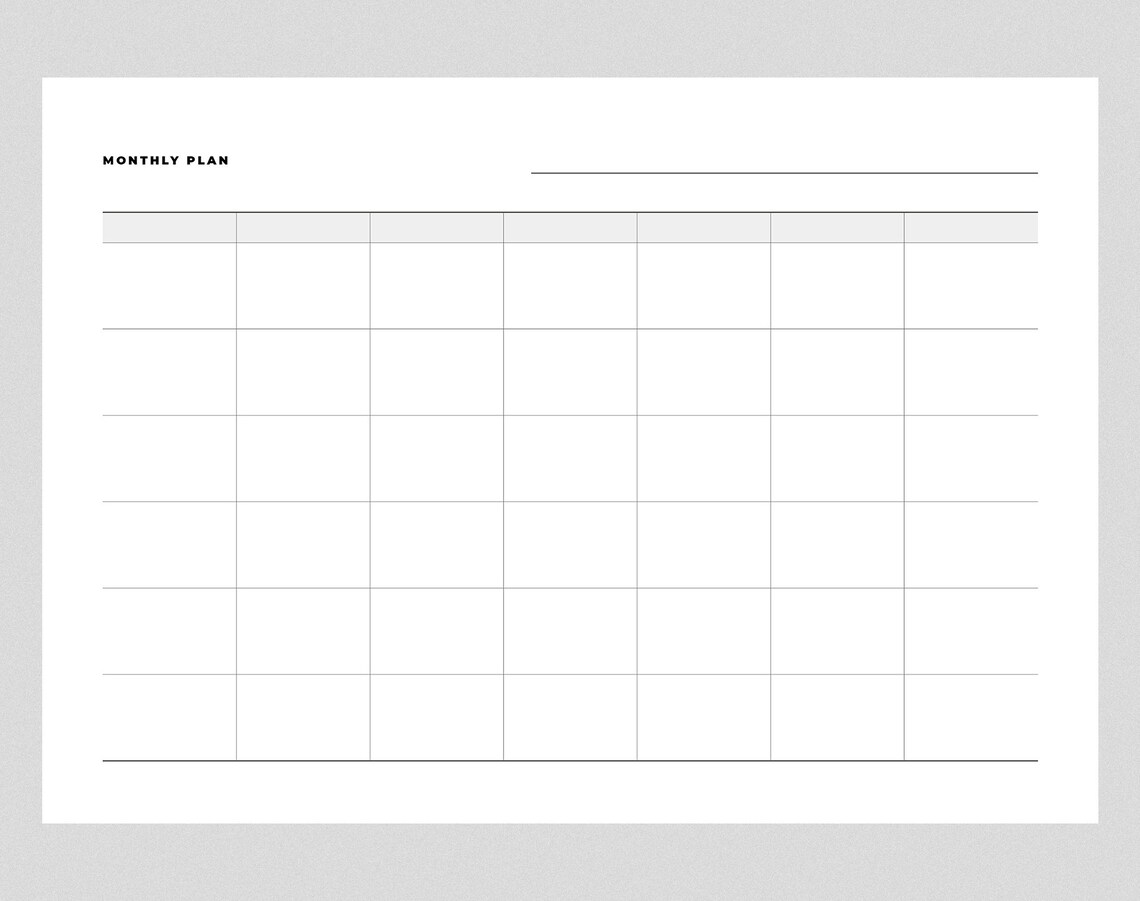 Blank Monthly Calendar Printable | Horizontal Calendar | Undated ...
