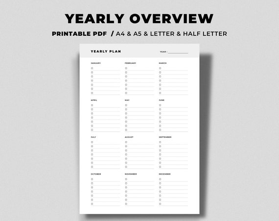 Simple Line Yearly Overview Printable Vertical Planner | Etsy