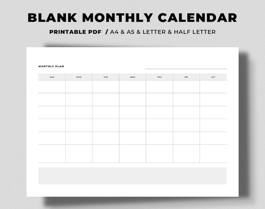 Blank Monthly Calendar Printable Horizontal Calendar Minimalist Sunday ...