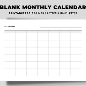 Blank Monthly Calendar Printable | Horizontal Calendar | Undated ...