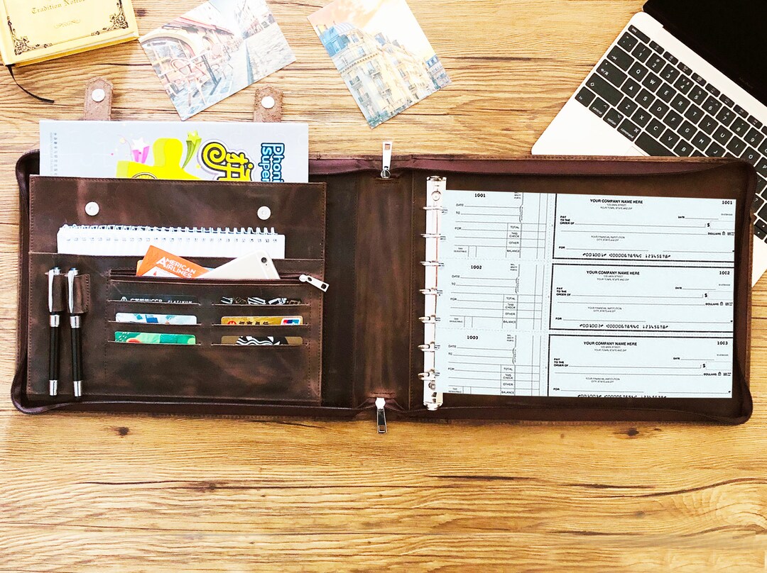 Custom 7 Ring Check Binder Portfolio, Leather Portfolio Zipper, Check ...
